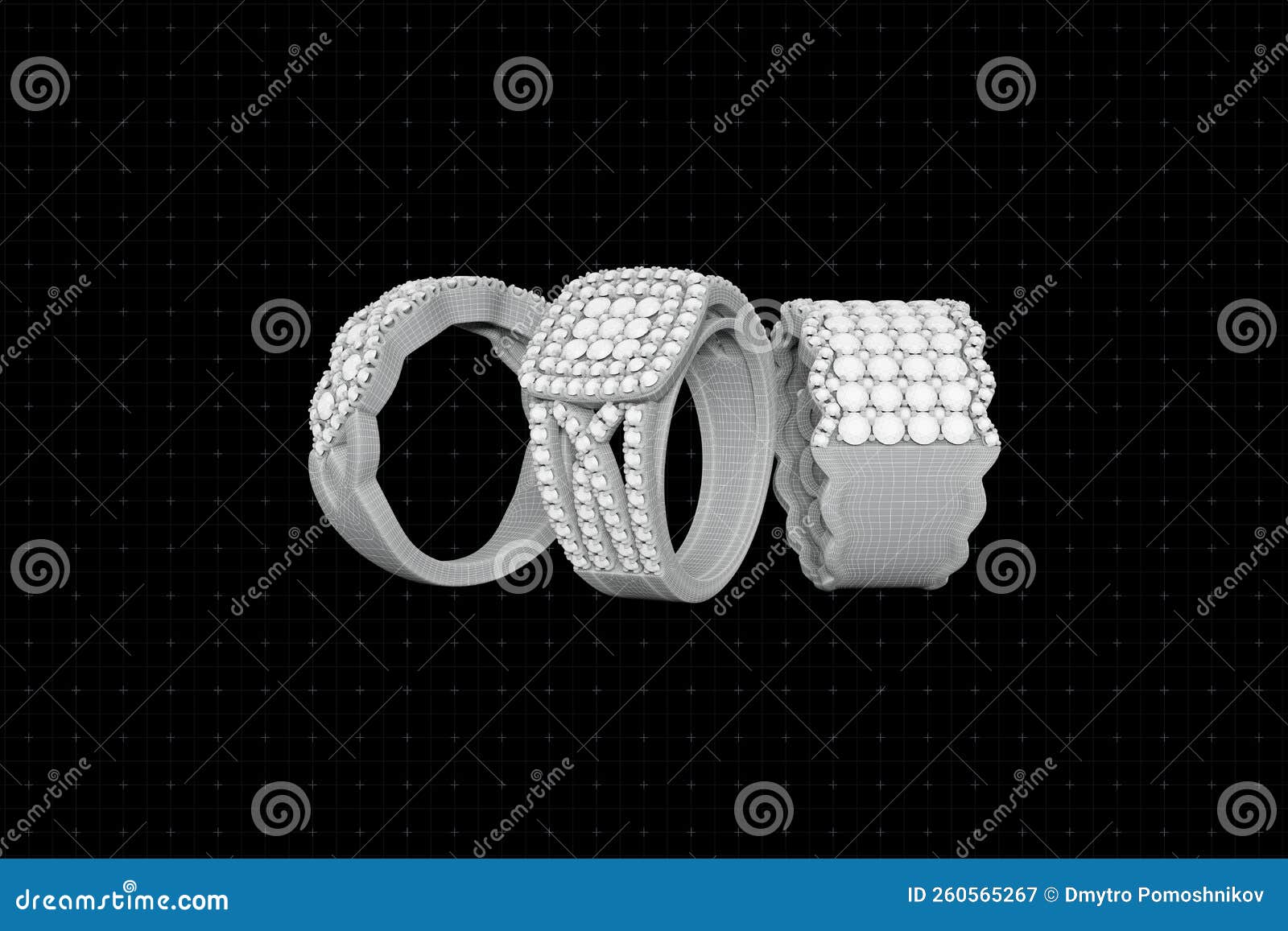 Jewelry Rings with Diamonds 3D Rendering in Wireframe Grid Stock ...
