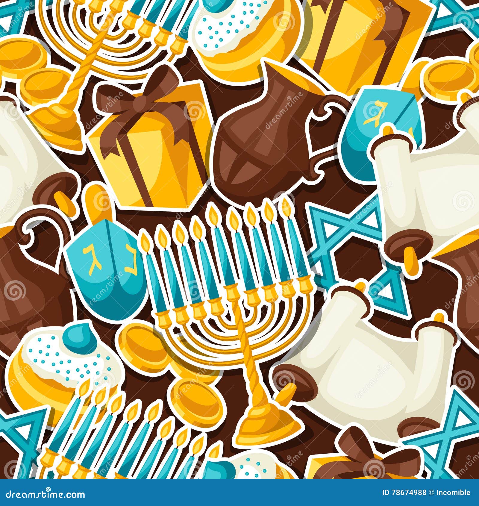 Jewish Hanukkah Celebration Seamless Pattern with Holiday Sticker ...