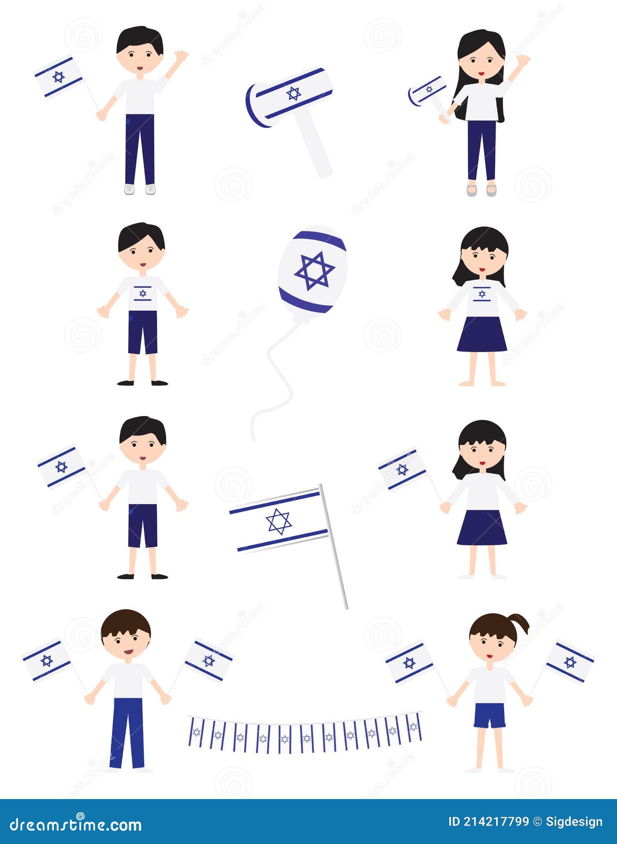 Set of Israeli Kids Characters with Blue White Israeli Flags Stock ...