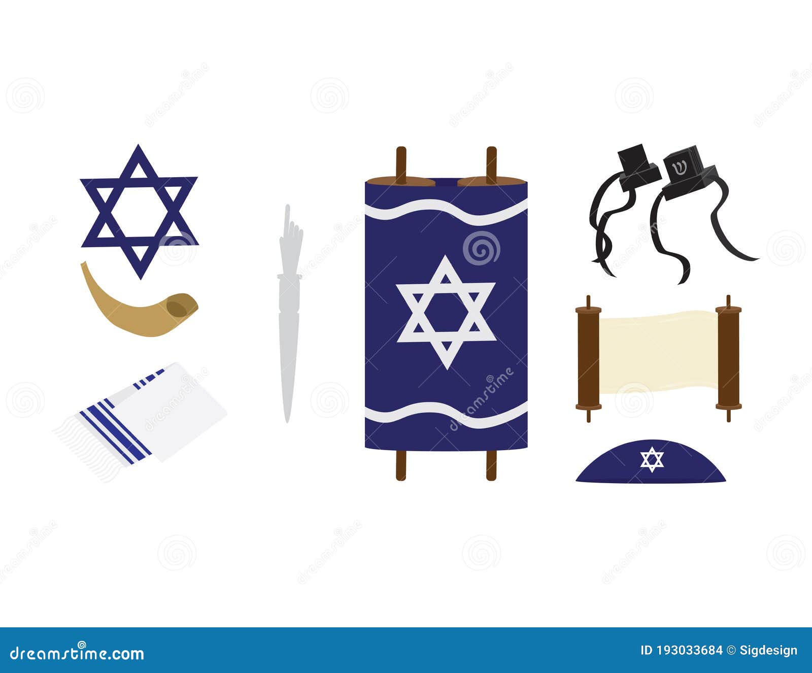 Set of Jewish Symbols - Torah Scroll, Star of David, Tefillin, Kipah ...