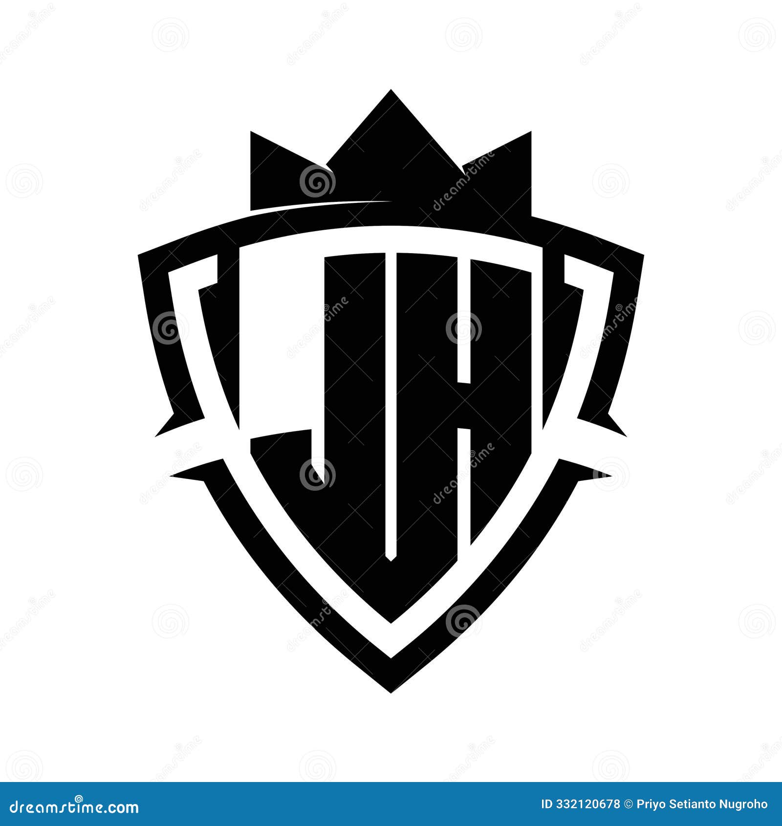 JH Letter Bold Monogram Triangle Curve Shield Shape with Crown Black ...