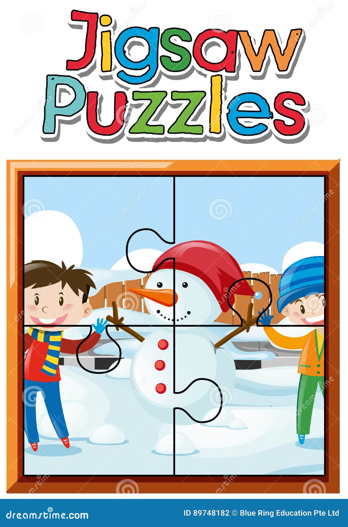 Jigsaw Puzzle Game with Boys and Snowman Stock Vector - Illustration of ...