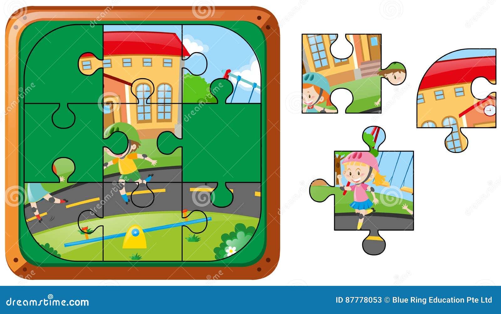 Jigsaw Puzzle Game with Kids Rollerskating Stock Vector - Illustration ...