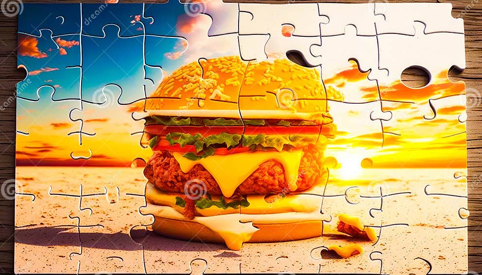 Jigsaw Puzzle with Hamburger on it. Generative AI Stock Illustration ...