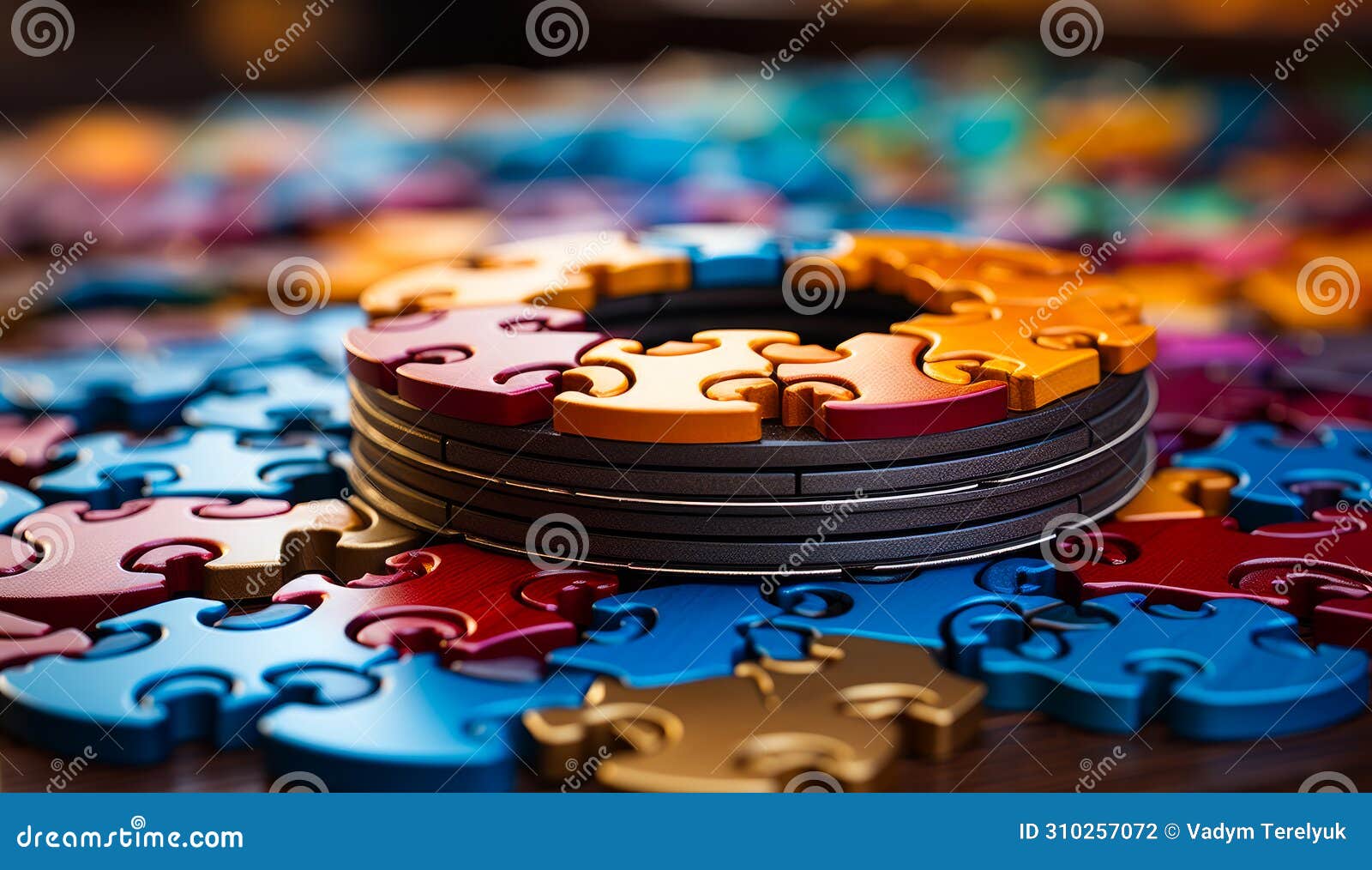 Jigsaw Puzzle Pieces are Placed on Wooden Table in Pile. Stock Photo ...