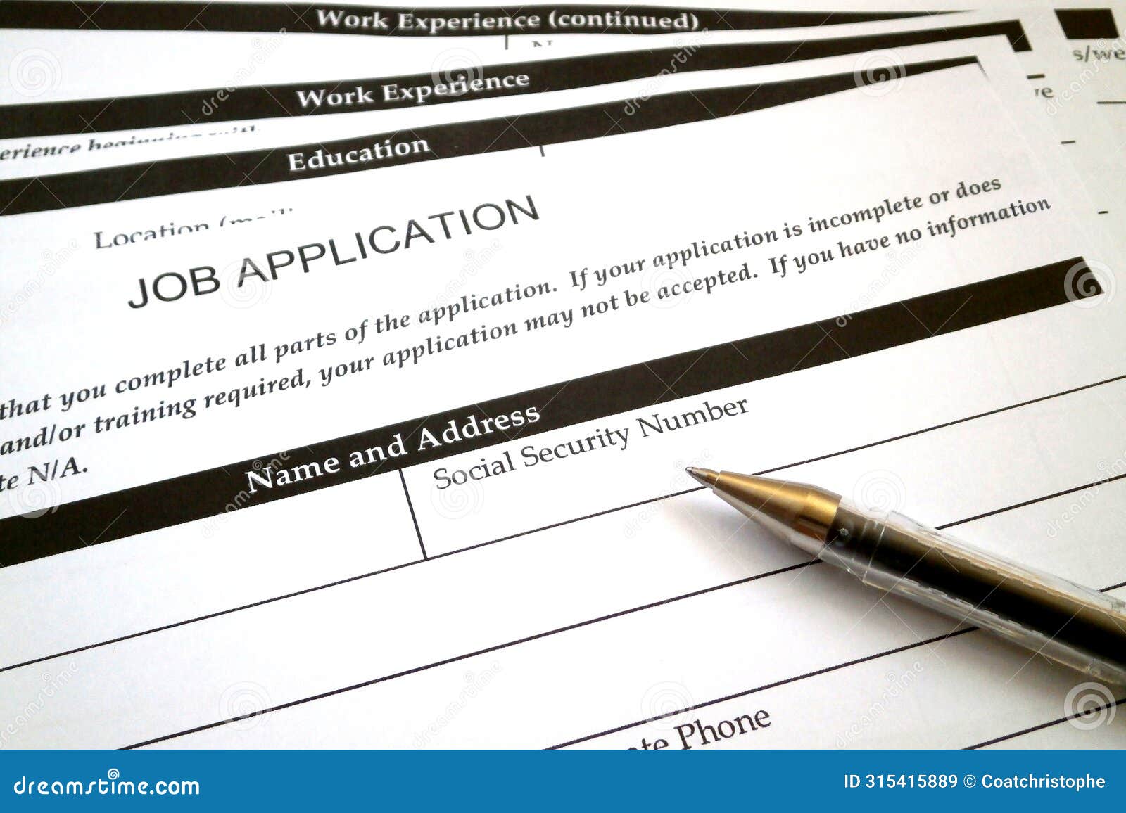 Job application form stock image. Image of paper, closeup - 315415889
