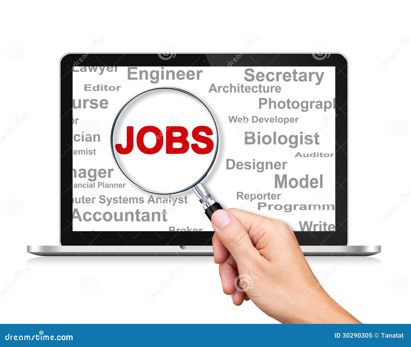 Jobs Search with a Magnifying Glass on Laptop Stock Image - Image of ...
