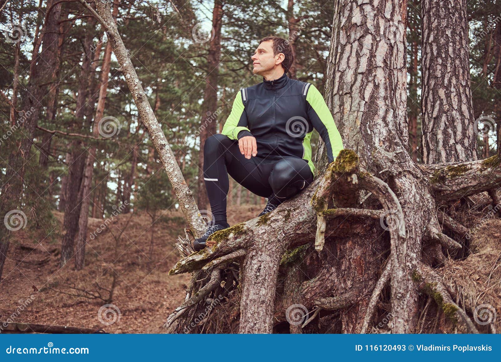Jogger Sits Under a Tree in the Forest and Looks Away, Resting after a ...