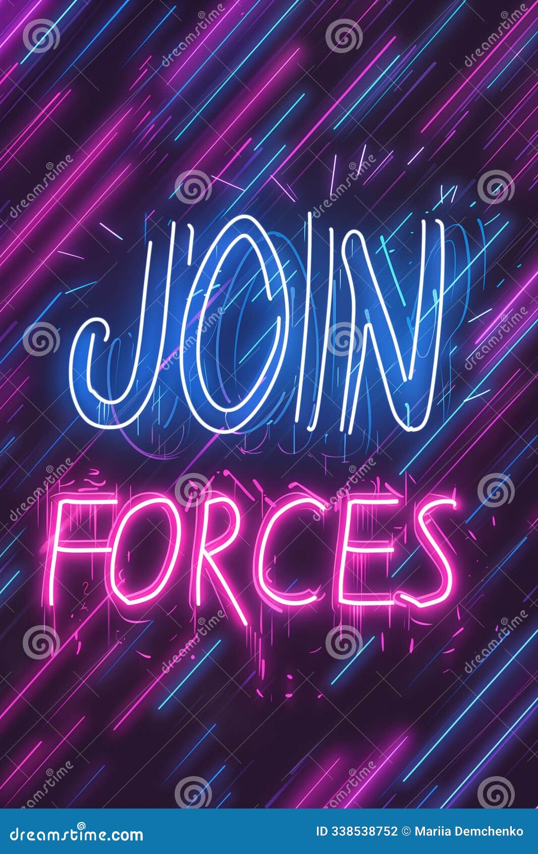 Join Forces Neon Sign on Dark Background with Pink and Blue Elements ...