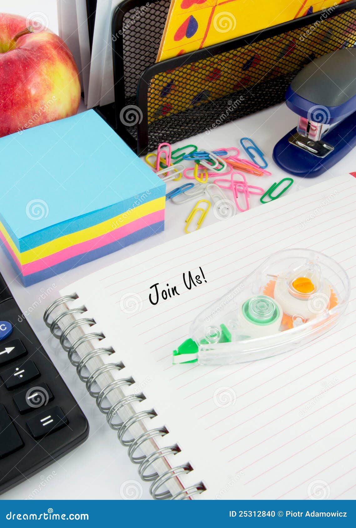 Join Us Caption. Office Supplies Stock Photo - Image of notebook, apple ...