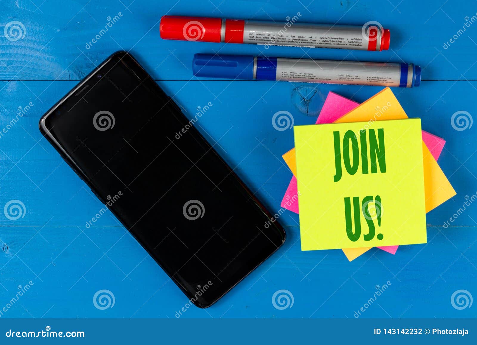Join Us Text Concept on the Block Paper with Mobile Phone with Empty ...
