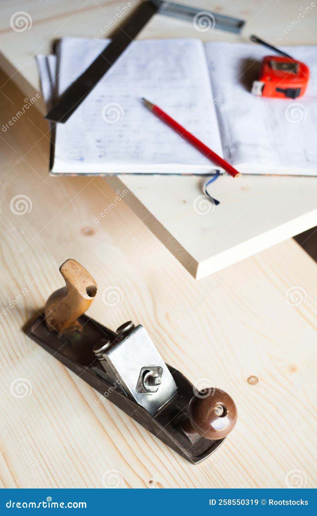Joiner`s Carpenter`s Tools and Notebook Stock Image - Image of building ...
