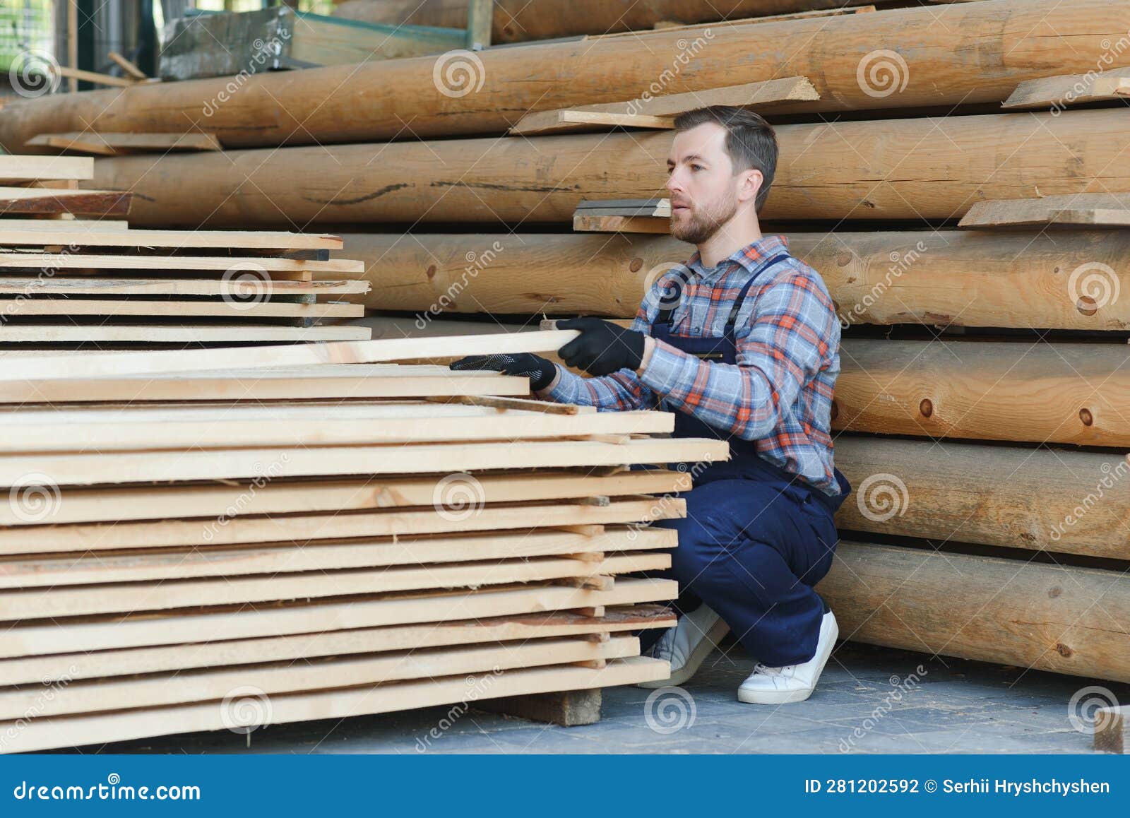 Joiner in Uniform Check Boards on Timber Mill Stock Photo - Image of ...