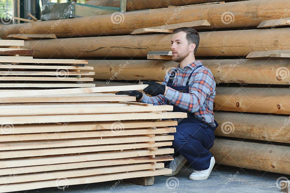 Joiner in Uniform Check Boards on Timber Mill Stock Photo - Image of ...