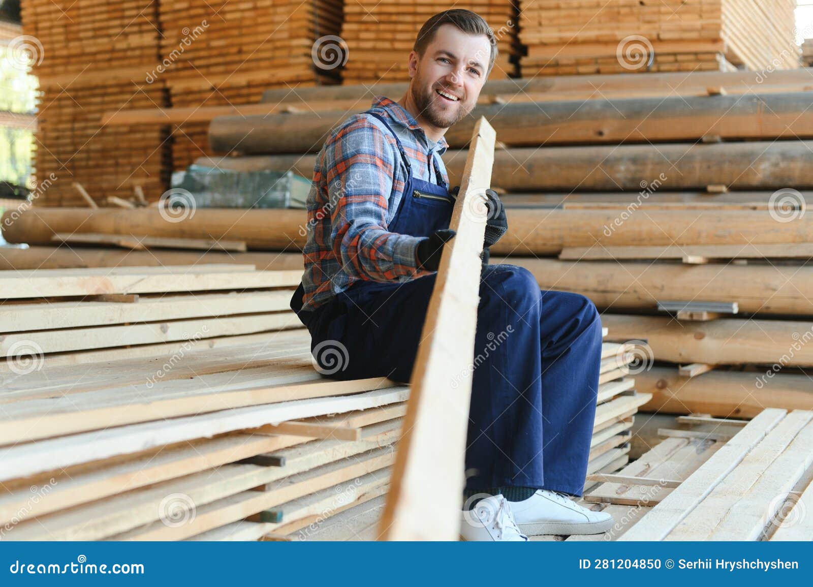 Joiner in Uniform Check Boards on Timber Mill Stock Photo - Image of ...
