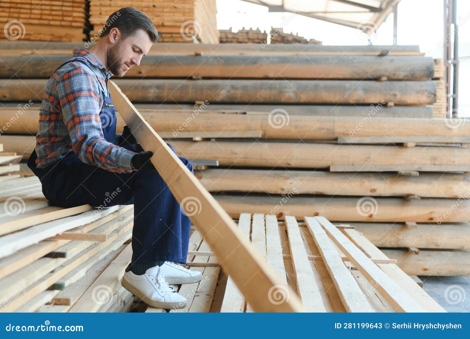 Joiner in Uniform Check Boards on Timber Mill Stock Image - Image of ...