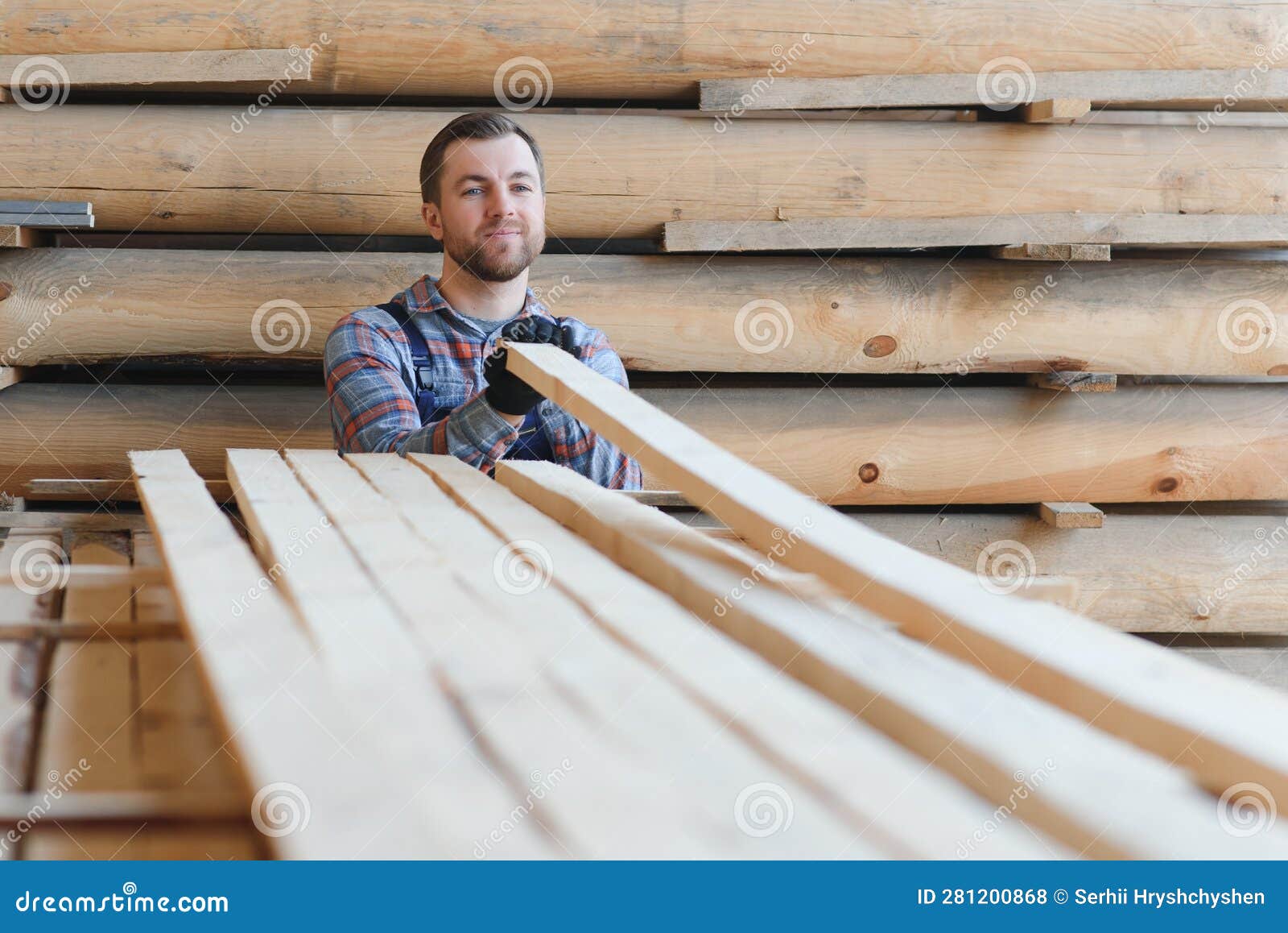 Joiner in Uniform Check Boards on Timber Mill Stock Photo - Image of ...