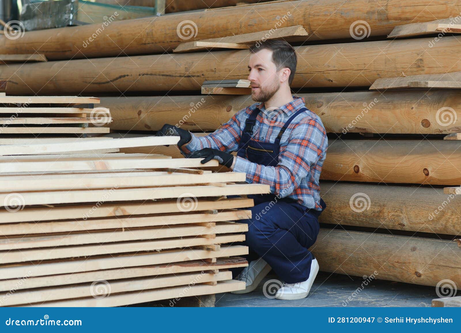 Joiner in Uniform Check Boards on Timber Mill Stock Image - Image of ...