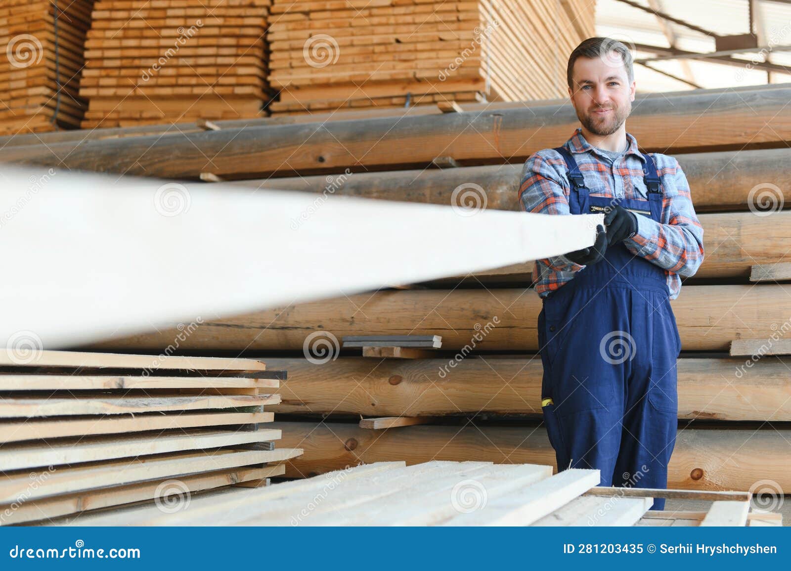 Joiner in Uniform Check Boards on Timber Mill Stock Image - Image of ...