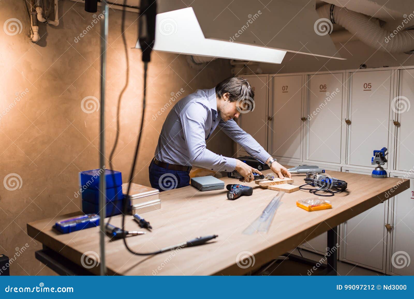 Joiner Working and Designing on Workbench Stock Photo - Image of ...
