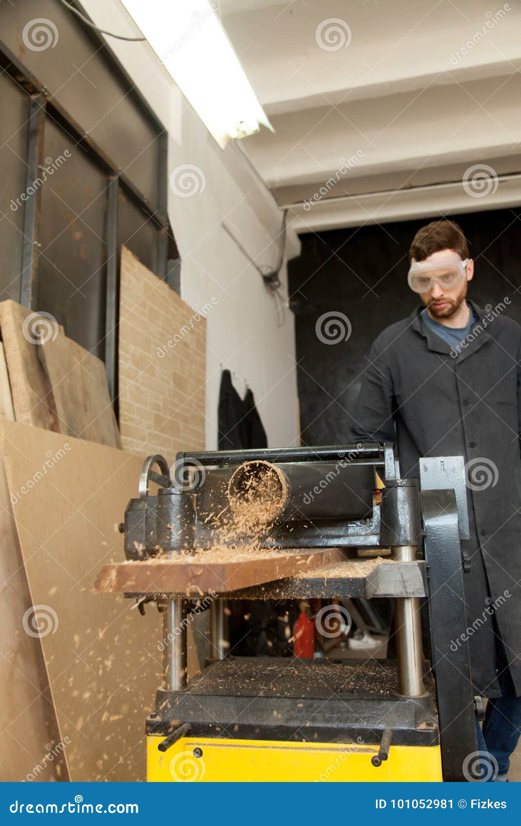 Carpenter Reduce Board Thickness at Planer Machine Stock Image - Image ...