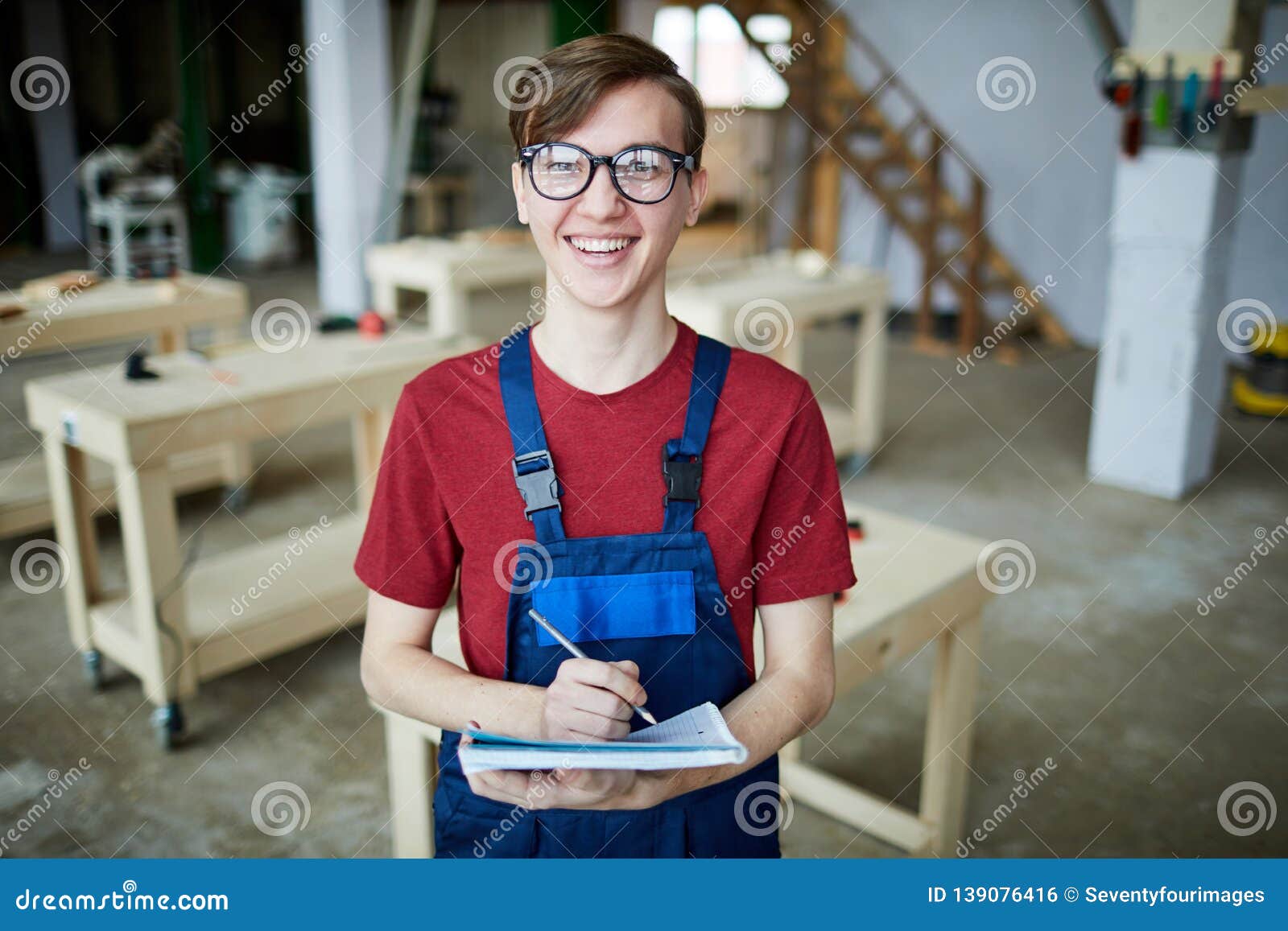 Jolly Guy with Workbook in Carpentry Stock Photo - Image of factory ...