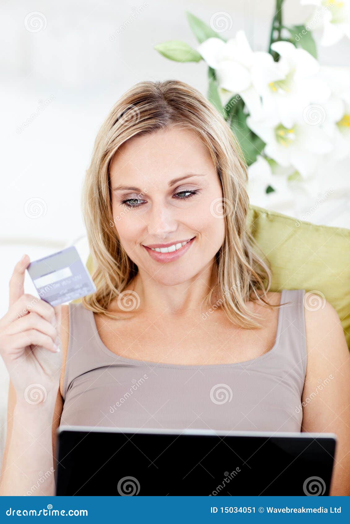 Jolly Woman Shopping on-line Lying on a Sofa Stock Image - Image of ...
