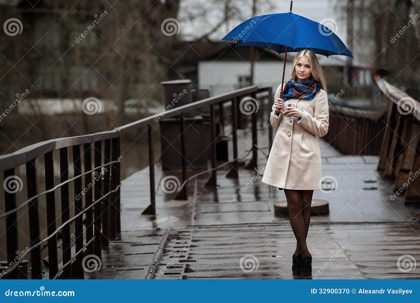Jong Meisje Op Een Brug Op Een Bewolkte Regenachtige Dag Stock Foto