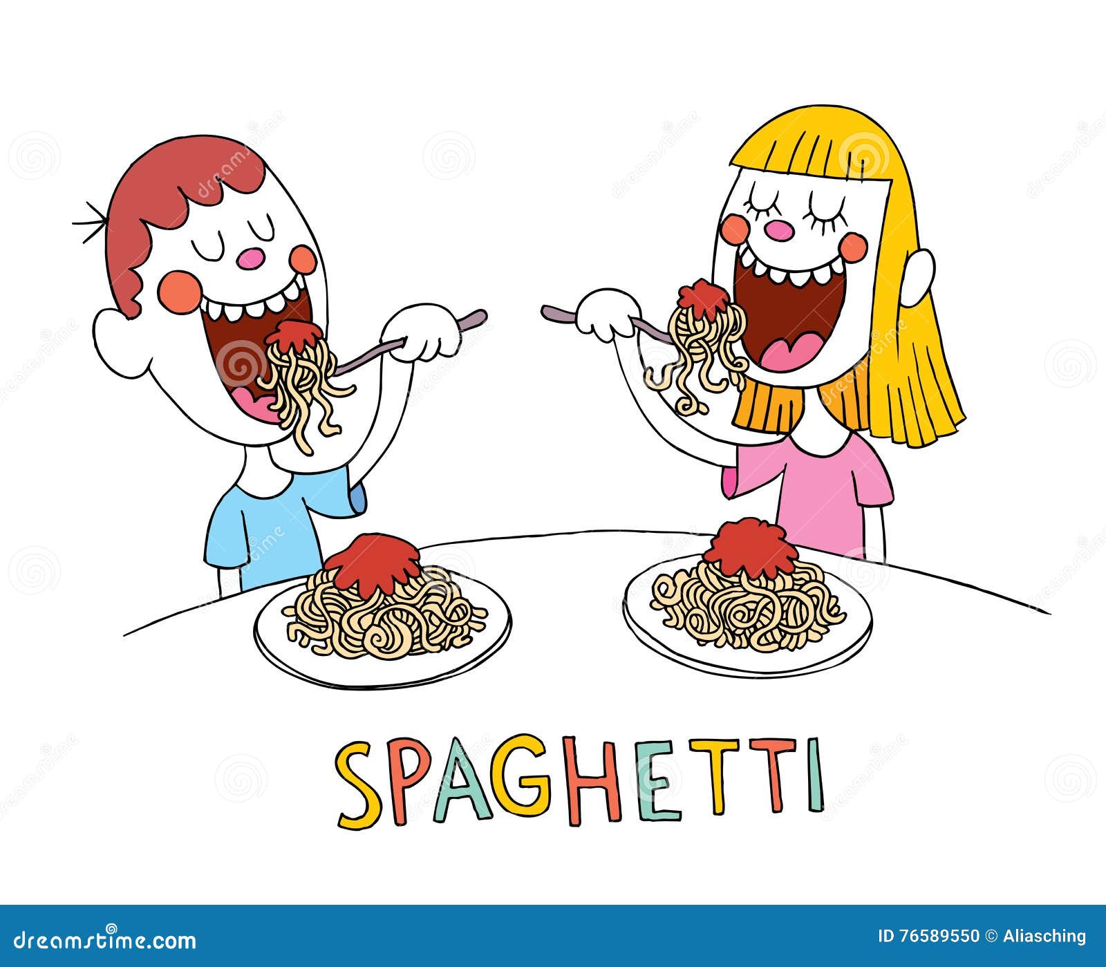 Jongen En Meisje Die Spaghetti Eten Vector Illustratie - Illustration ...