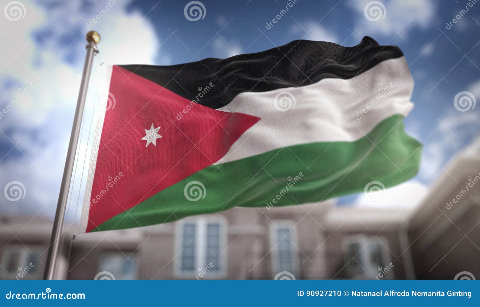 Jordan Flag 3D Rendering on Blue Sky Building Background Stock Photo ...