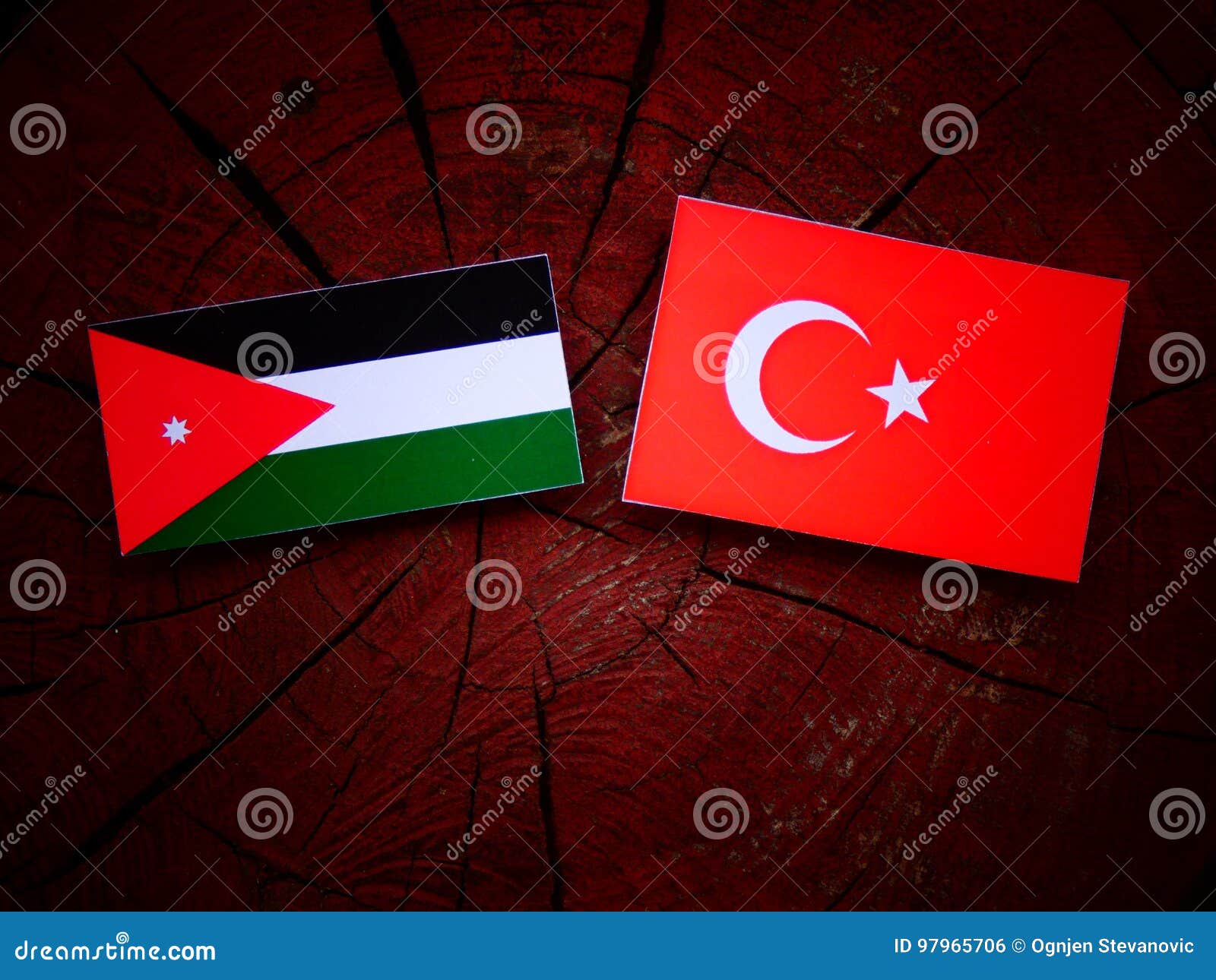 Jordanian Flag with Turkish Flag on a Tree Stump Stock Photo - Image of ...