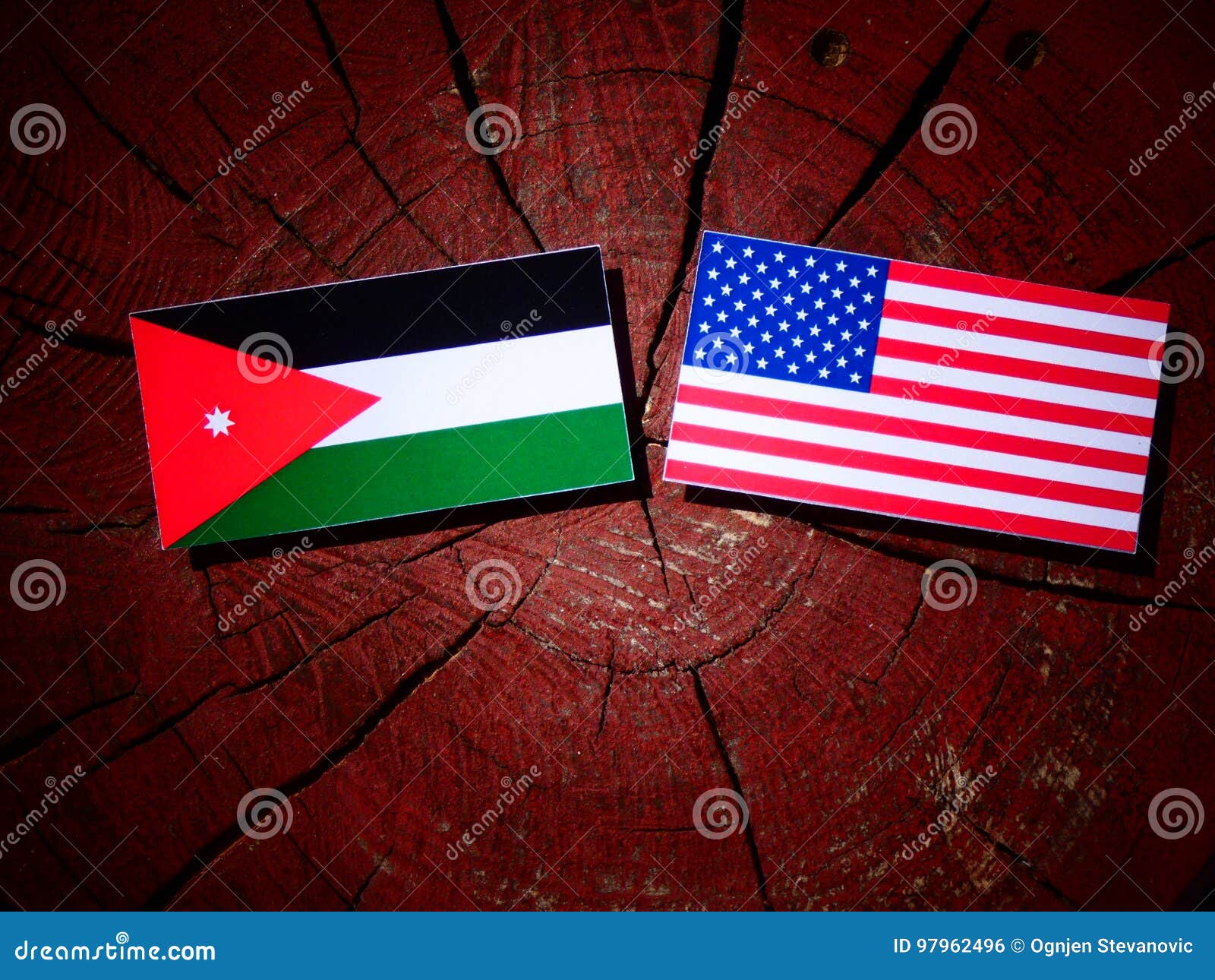 Jordanian Flag with USA Flag on a Tree Stump Stock Photo - Image of ...