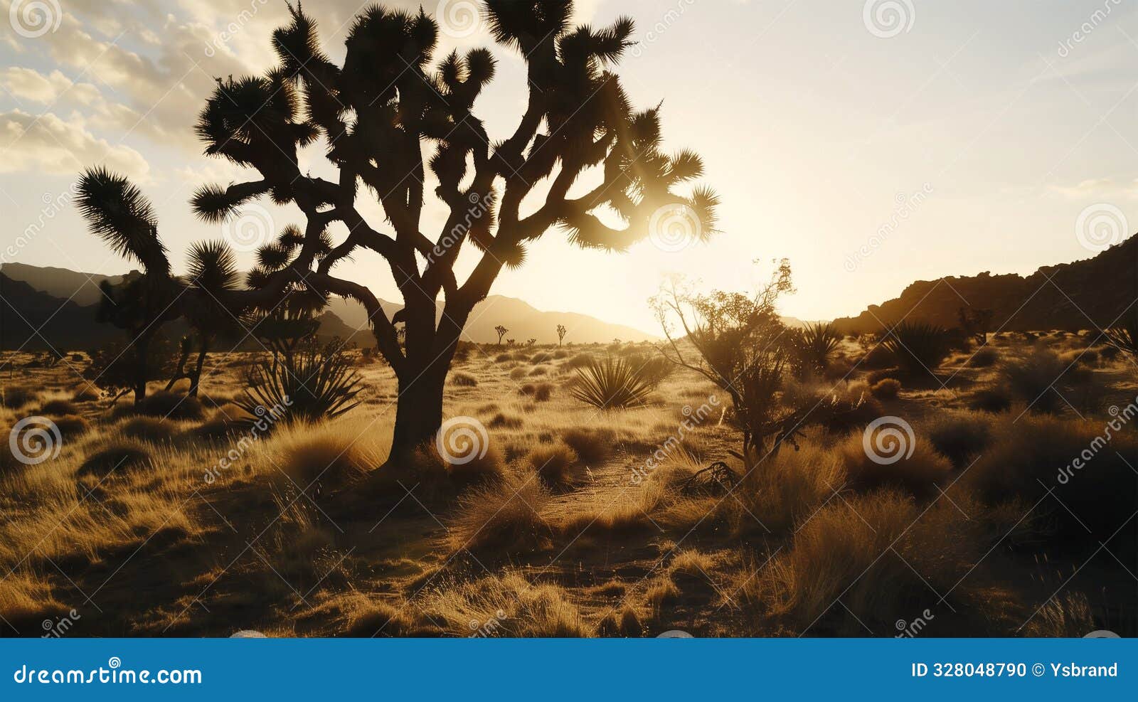 Joshua Tree in Arid Landscape at Sunset. Stock Illustration ...
