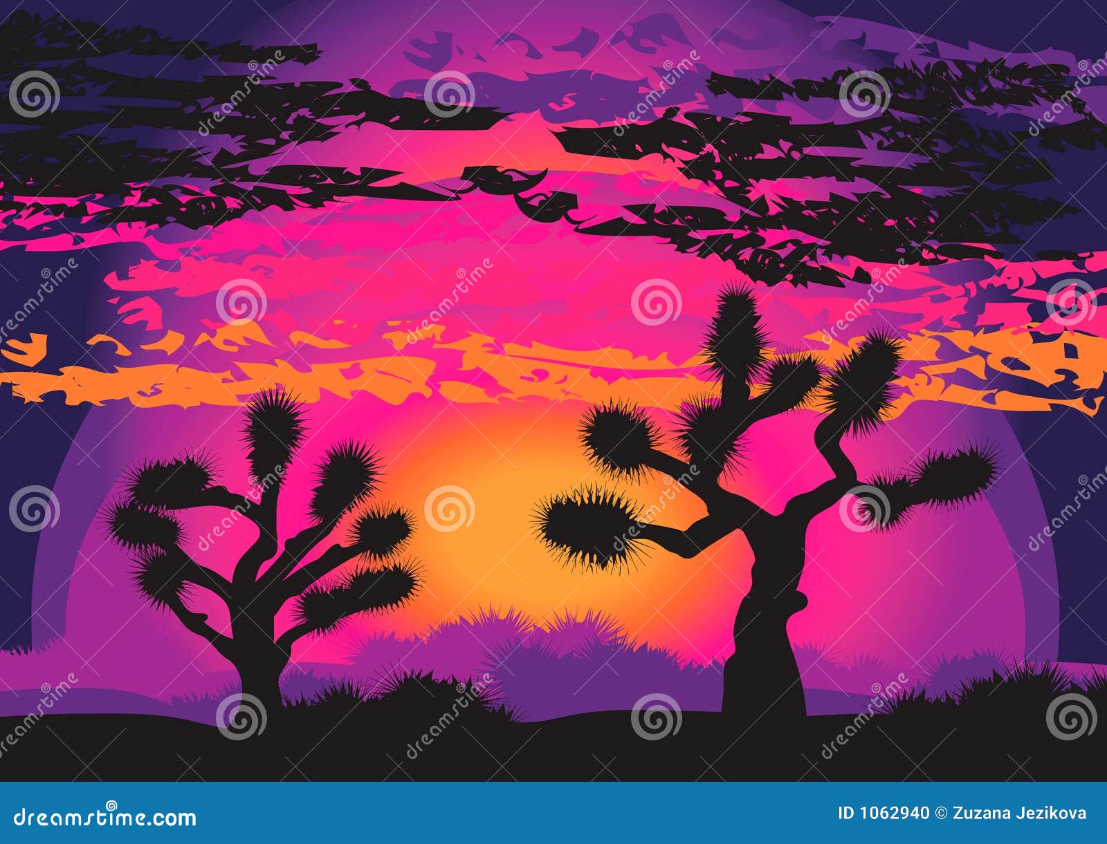 Joshua Trees Or Cactus On A Path In The Desert Cartoon Vector ...