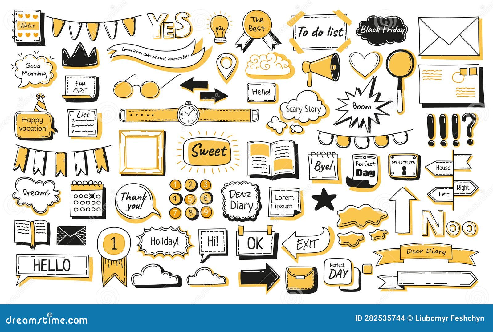 Journal Doodle Icons Set. Hand Drawn Banners and Elements for Notebook ...