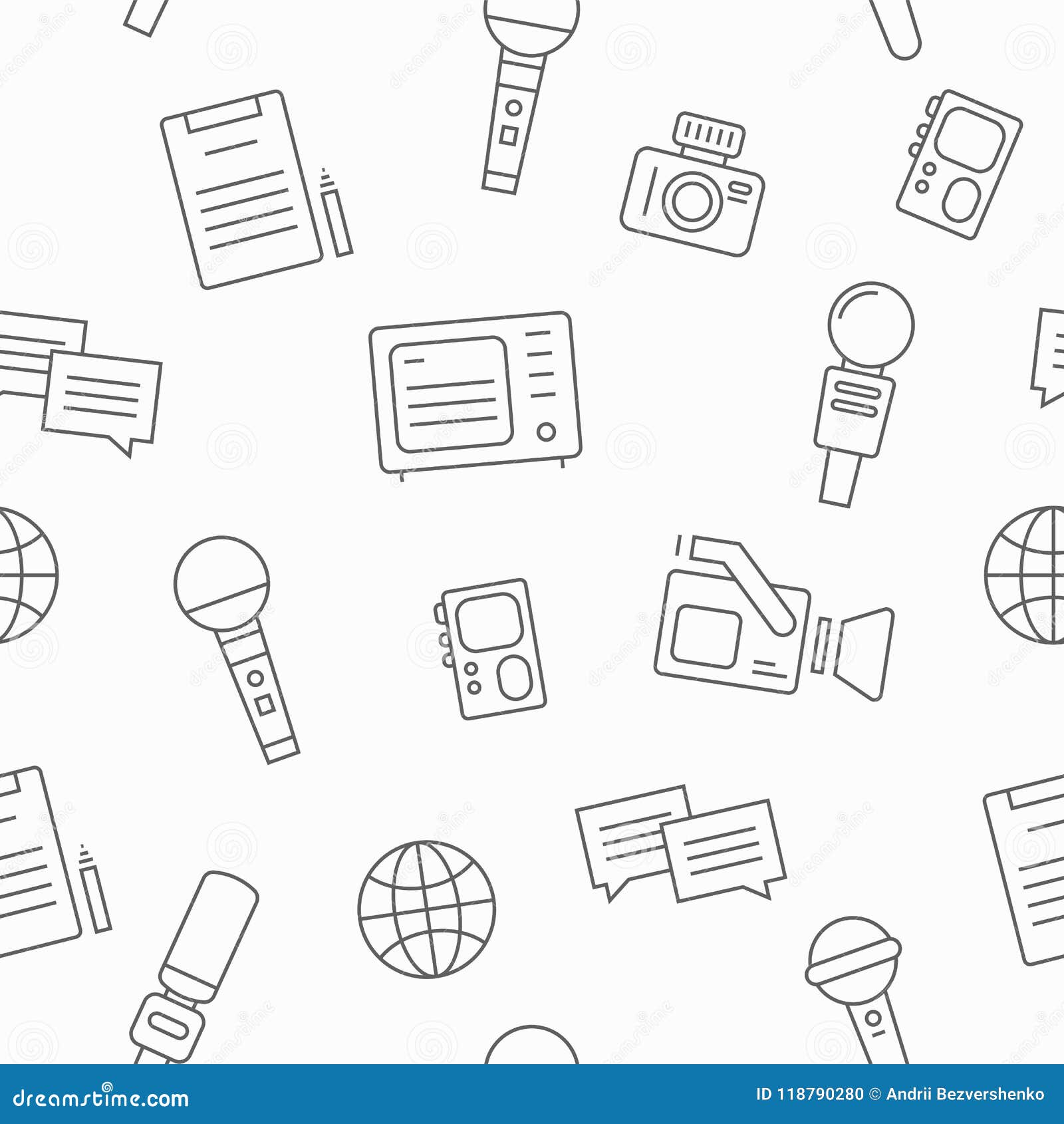 Journalism Seamless Pattern Vector with Line Icons. News Interviewer ...