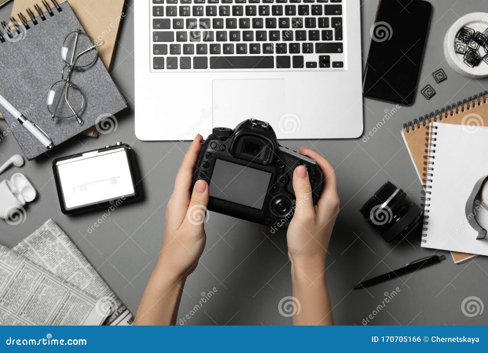 Journalist with Camera at Grey Table, Top View Stock Photo - Image of ...
