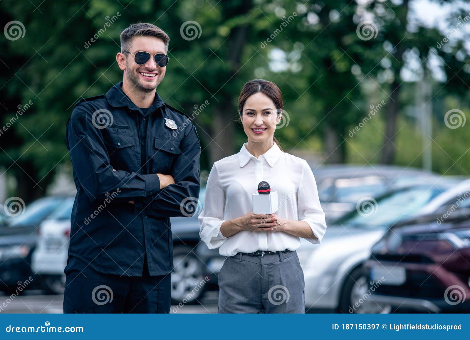 Journalist Holding Microphone and Handsome Policeman in Uniform Stock ...
