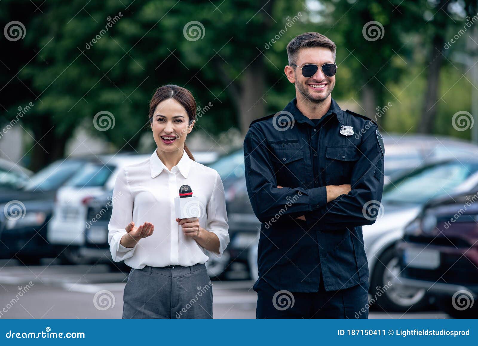 Journalist Holding Microphone and Handsome Policeman in Uniform Stock ...