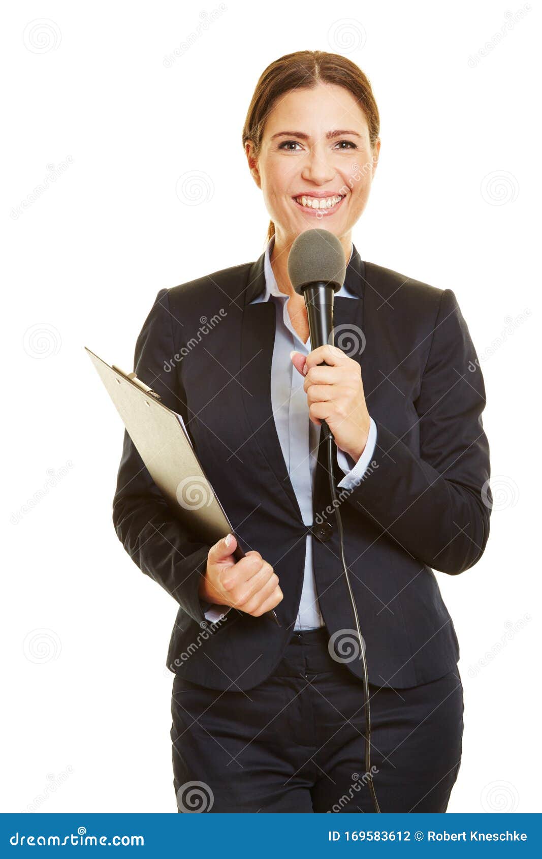 Journalist with Microphone and Clipboard Stock Photo - Image of happy ...