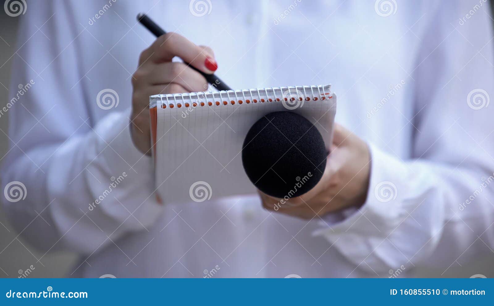 Journalist with Microphone Writing Data in Notebook, Preparing ...