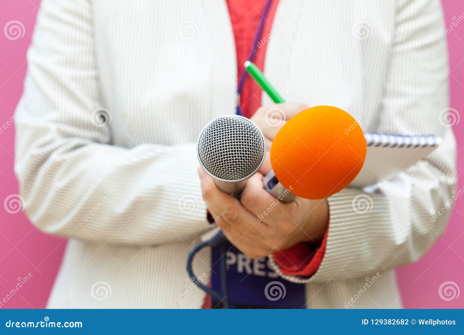 Journalist at News Conference, Writing Notes, Holding Microphone Stock ...