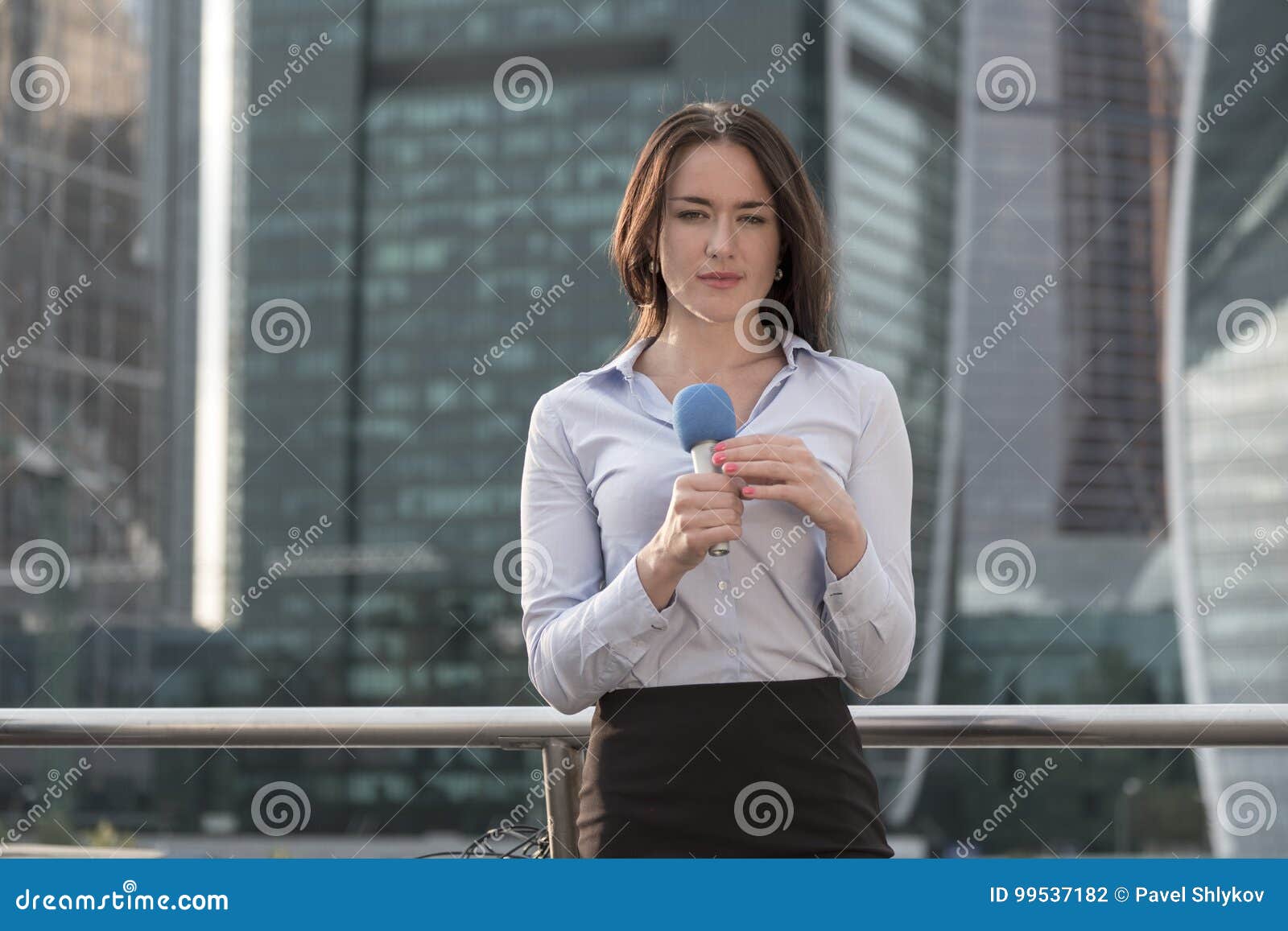 Journalist is Reporting on a Business Center Background Stock Photo ...