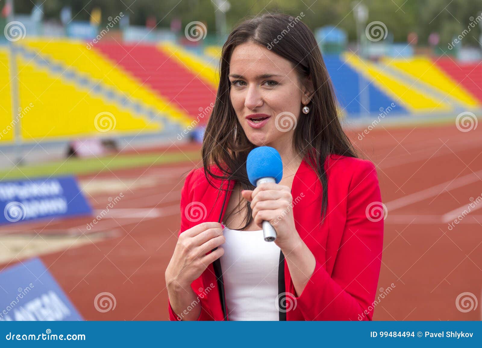 The Journalist is Reporting from the Stadium Stock Photo - Image of ...