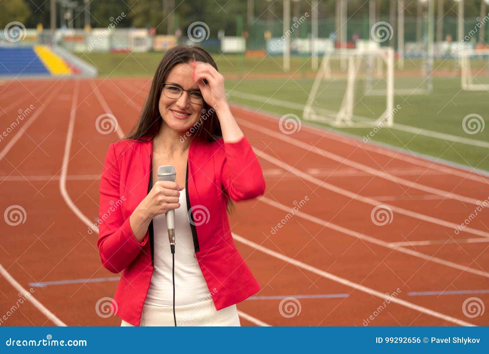 Journalist is Reporting from the Stadium for Television Stock Photo ...