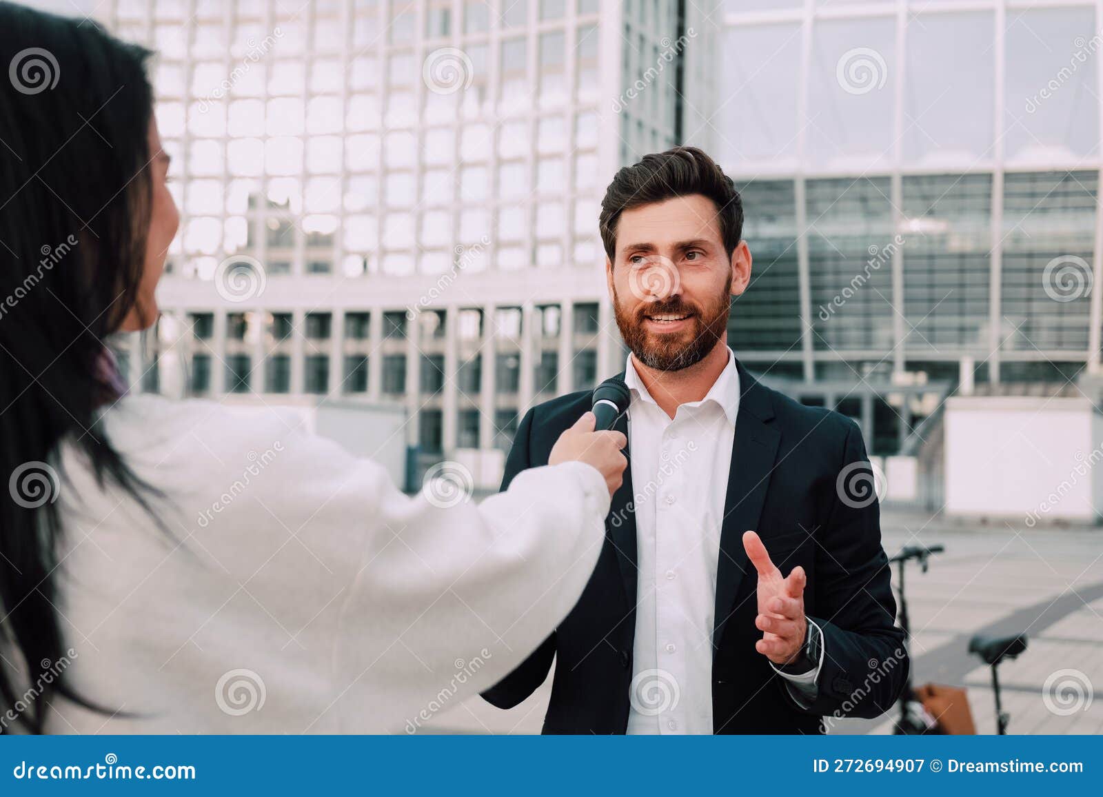 Journalist Taking Interview with Microphone at Successful Businessman ...