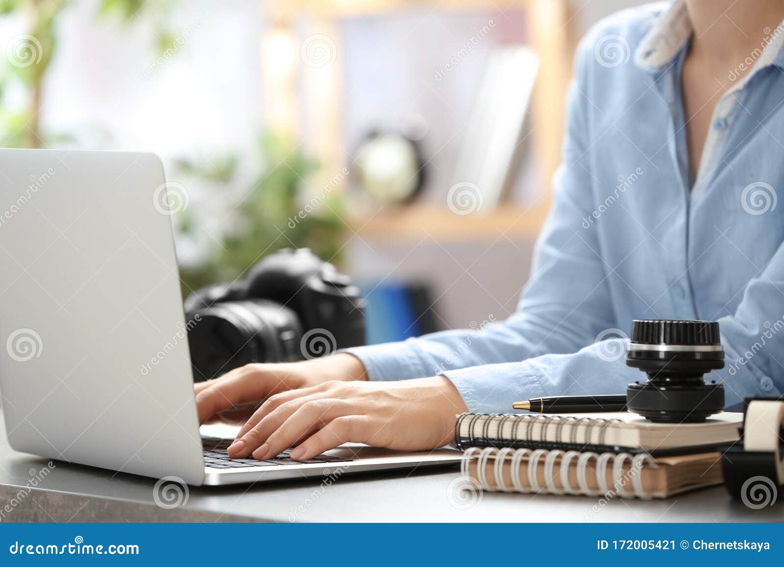 Journalist Working with Laptop at Table Stock Image - Image of business ...