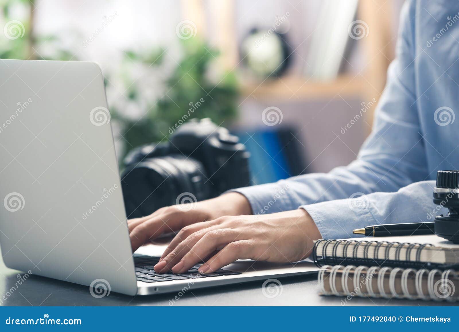 Journalist Working with Laptop at Table Stock Photo - Image of office ...