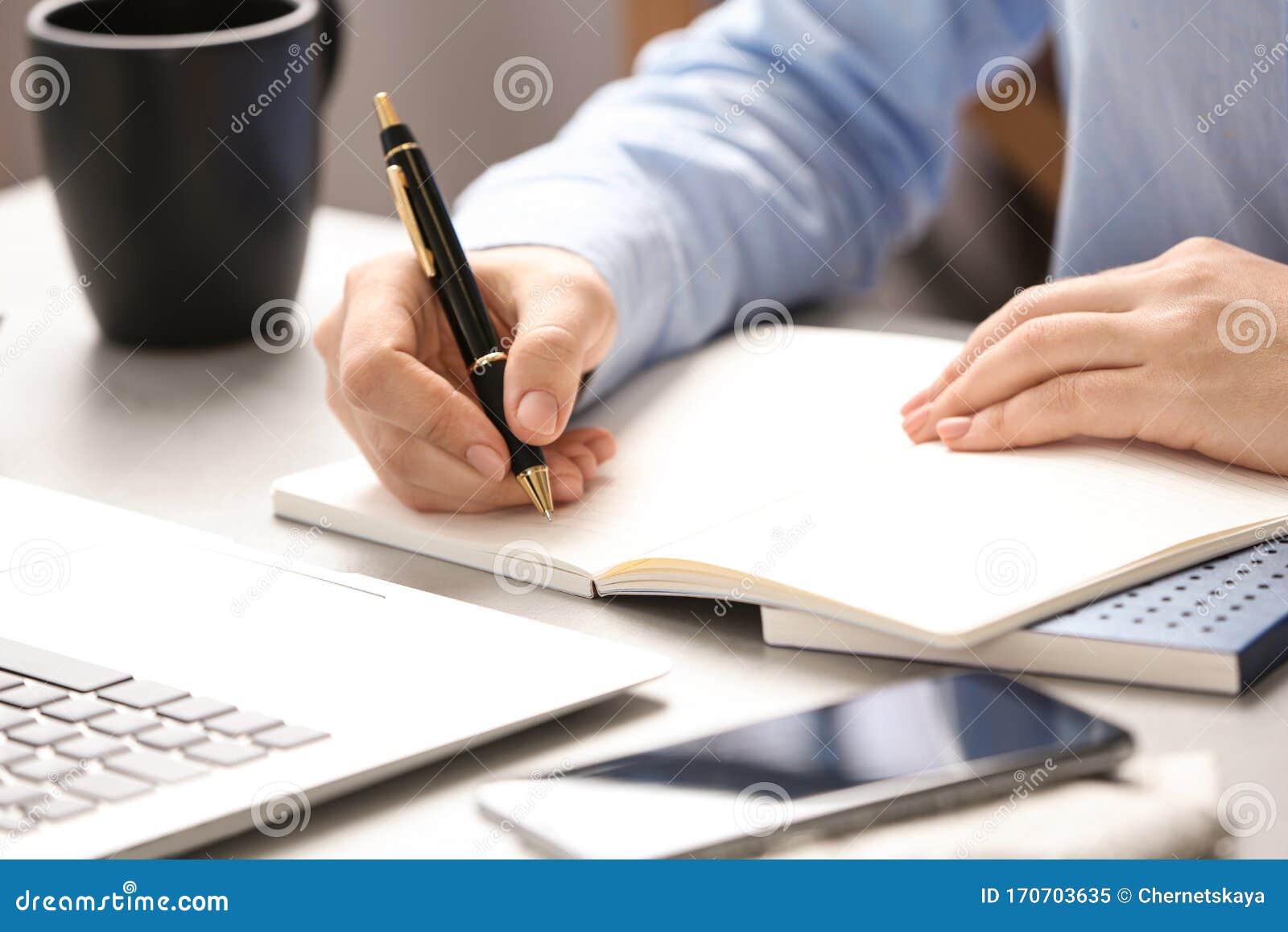 Journalist Working at Table in Office, Closeup Stock Image - Image of ...