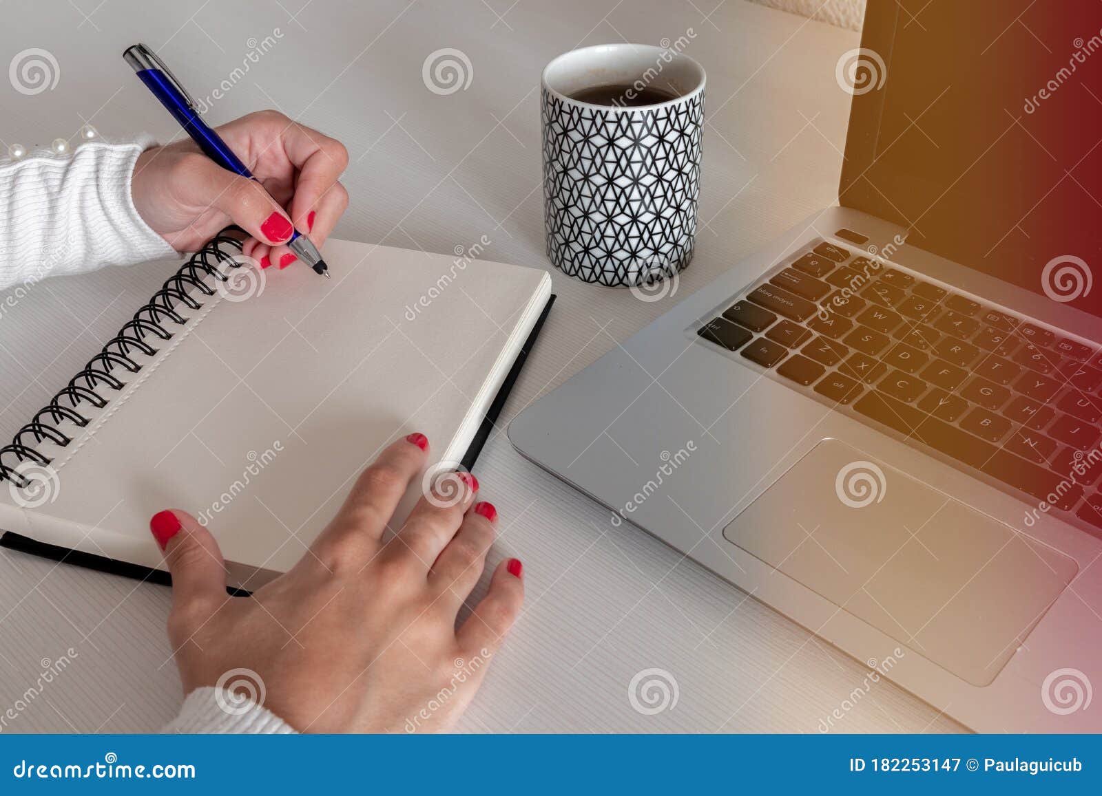 Journalist Working, Writing in Notebook with Copy Space, with Laptop ...